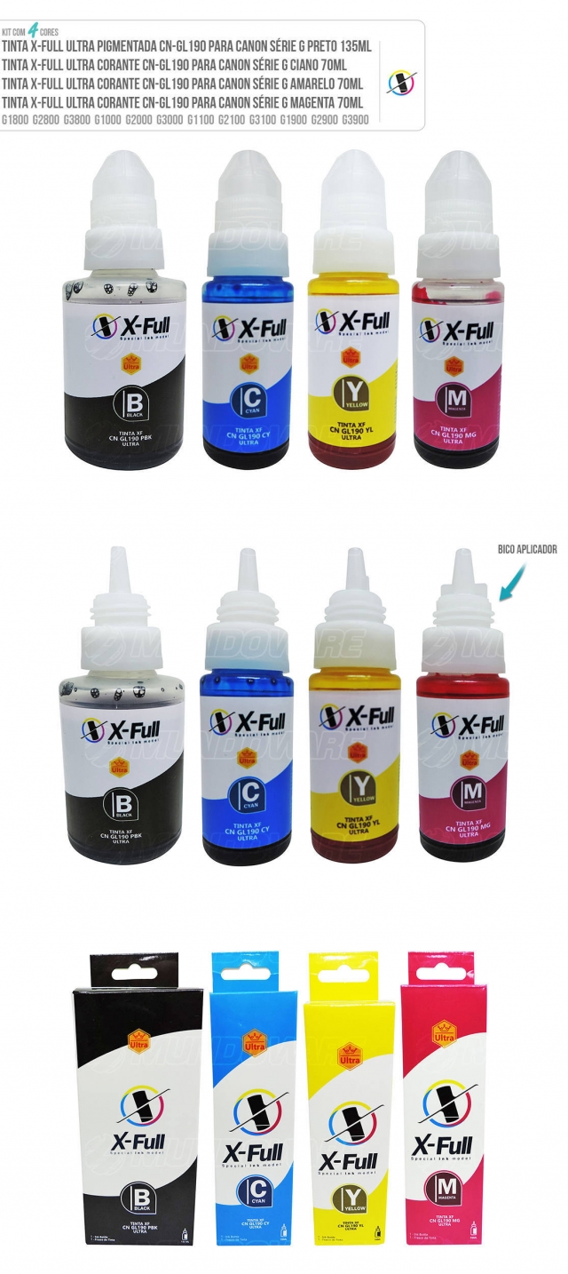 Kit 4 Cores / Tinta X-Full Ultra para Impressora Canon G Series G1000 ...